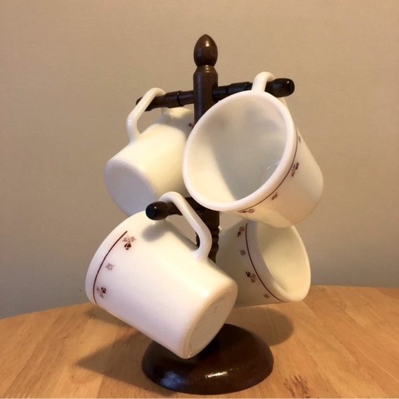 Pyrex | Kitchen | Vintage Pyrex Burgundy Rose Set Of 4 Cups With Wooden ...